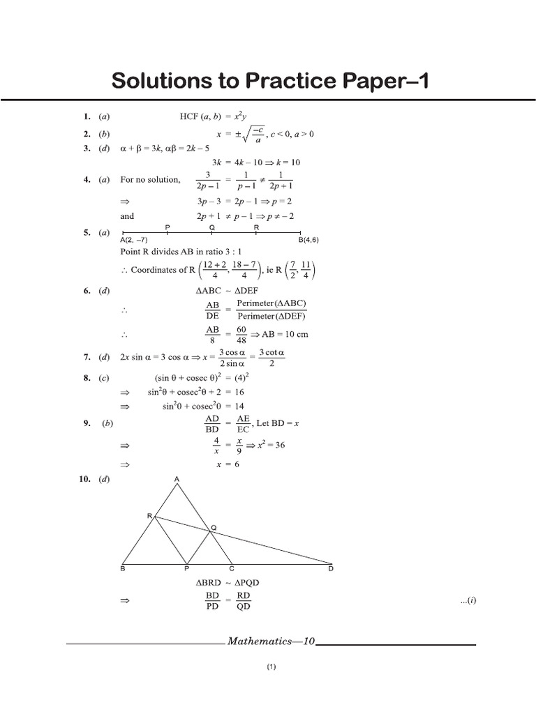 Cbse Cl10 Together With Mathematics Standard Solutions To Practice Paper 1 | PDF