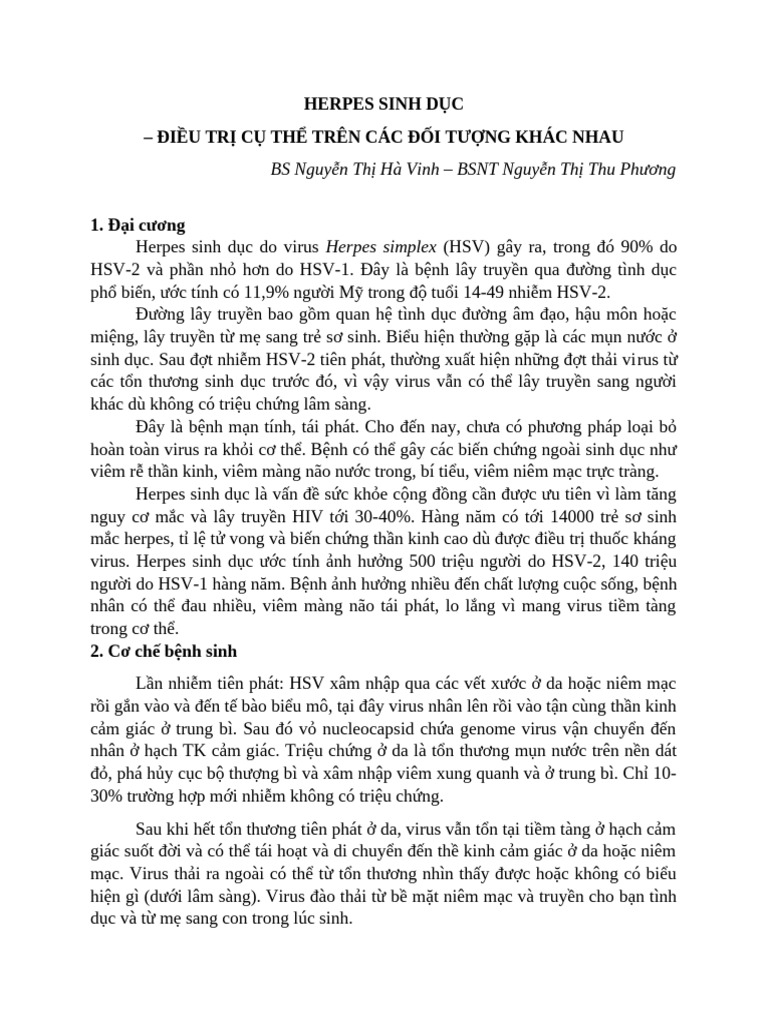 Herpes Sinh Dục - Điều Trị Cụ Thể Trên Các Đối Tượng Khác Nhau | PDF