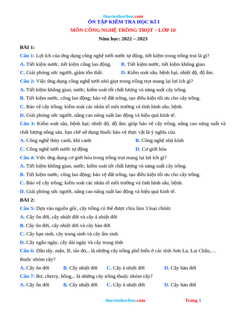 thuvienhoclieu.com-Trac-nghiem-on-tap-Cong-nghe-10-HK1-nam-2022-2023 | PDF