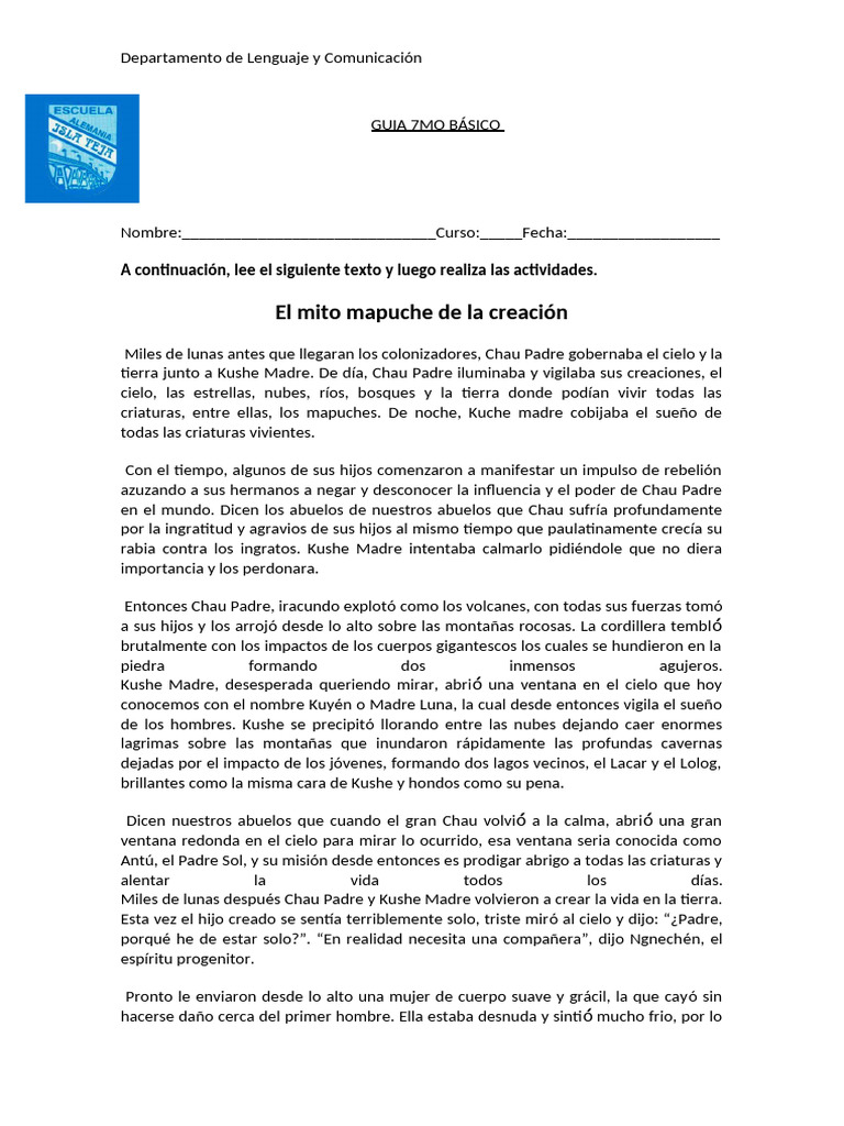 GUIA 7MO BÁSICO Mito Mapuche | PDF