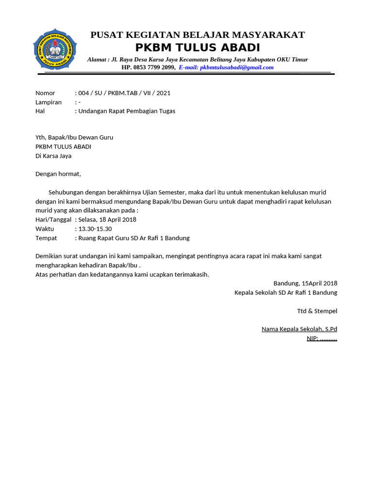 Contoh Surat Undangan Rapat Sekolah | PDF