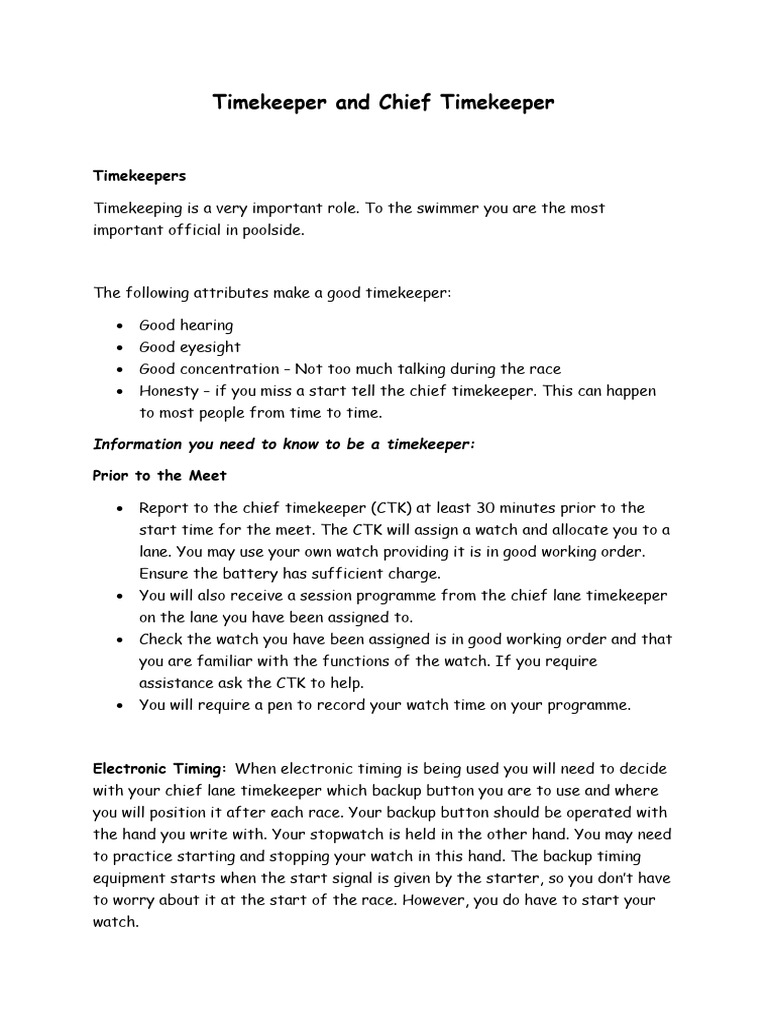 Timekeeper and Chief Timekeeper | PDF | Swimming (Sport) | Referee