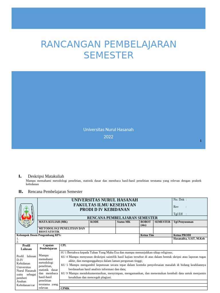 Format RPS Kurikulum KMMB 2022 - METODOLOGI PENELITIAN DAN BIOSTATISTIK | PDF