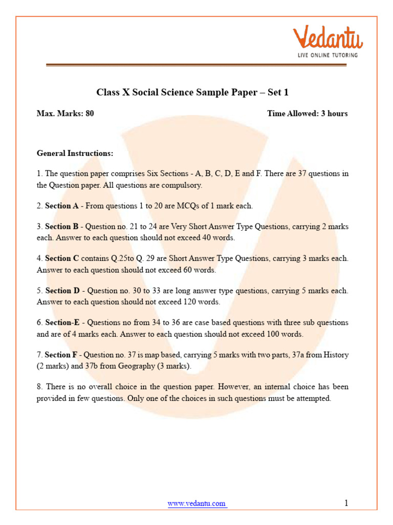 CBSE Class 10 Social Science Sample Paper Set 1 (2024-25) FREE PDF ...
