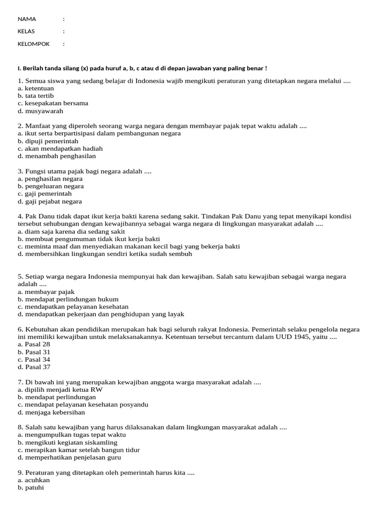 Soal PPKN Kelas 6 2024 | PDF