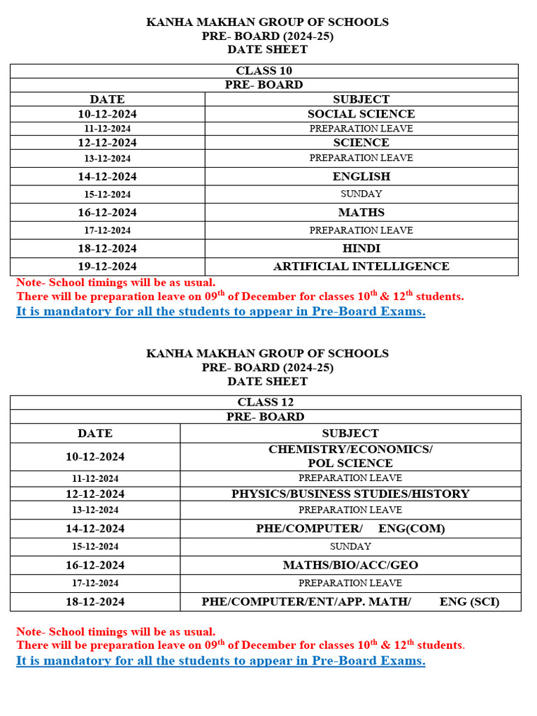 Pre Board Date Sheet Dec-24 | PDF