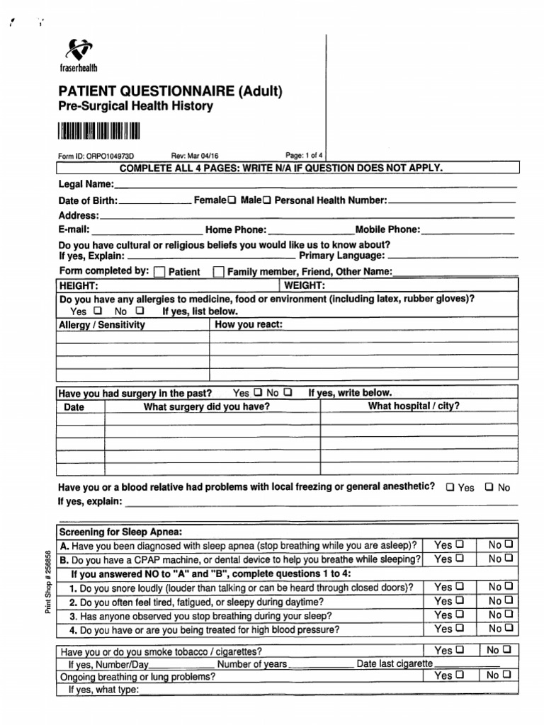 Surgical Questionnaire | PDF