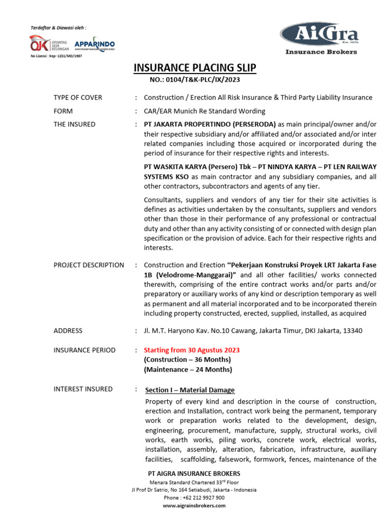 Construction Insurance Placing Slip | PDF | Insurance | Liability Insurance