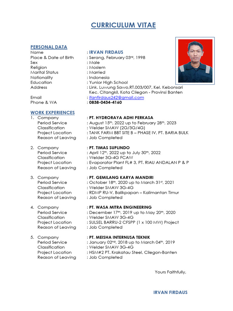 Curriculum Vitae - Irvan Firdaus-Welder | PDF