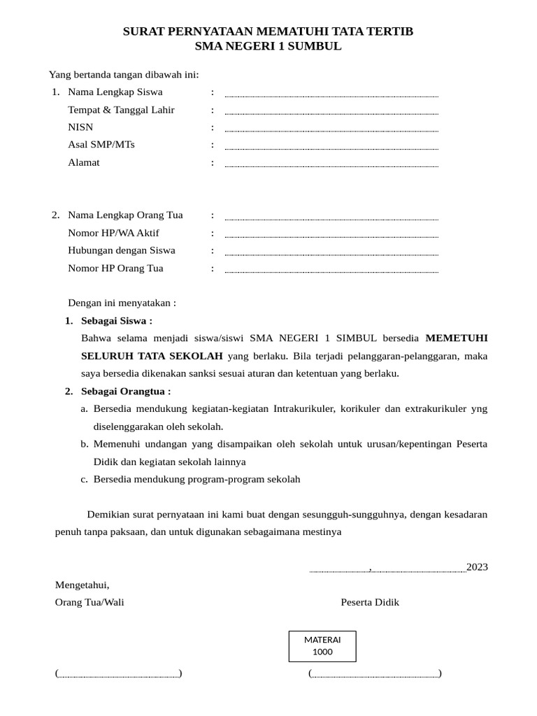 SURAT PERNYATAAN MEMATUHI TATA TERTIB by Jaskipi | PDF
