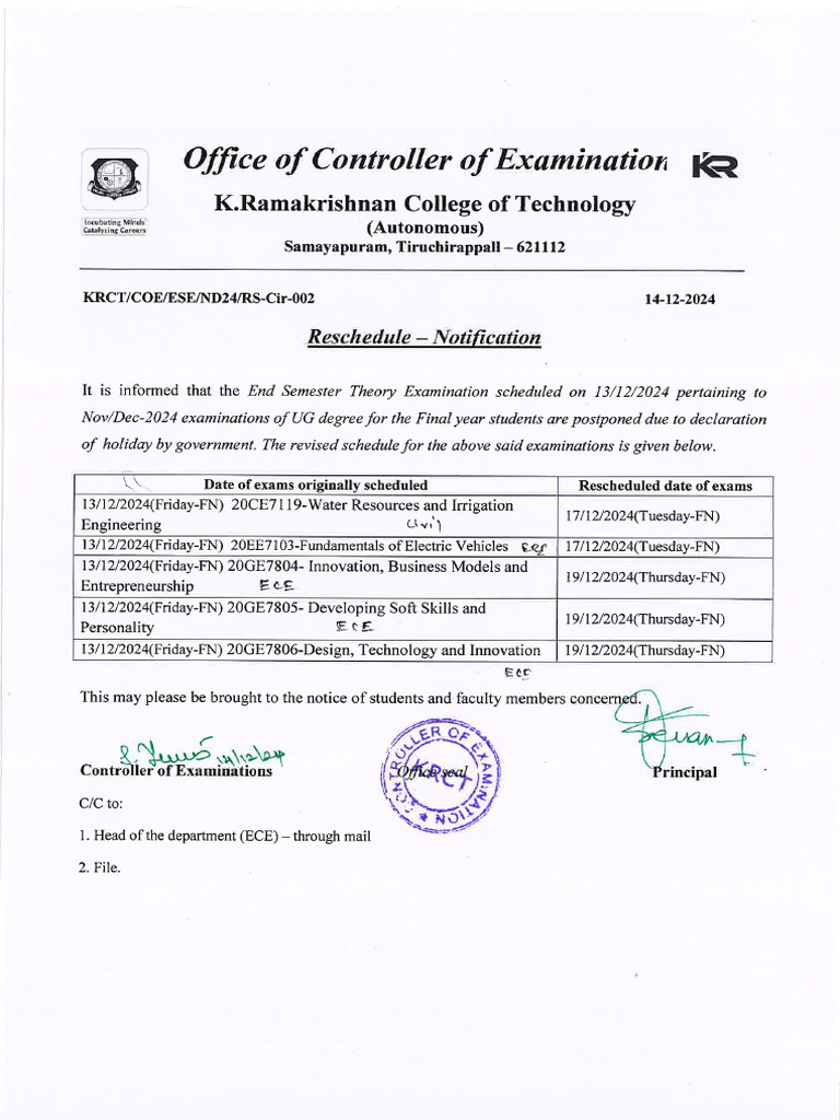 Reschedule Notification - ND-24 (Final Year) - (R-2020) | PDF