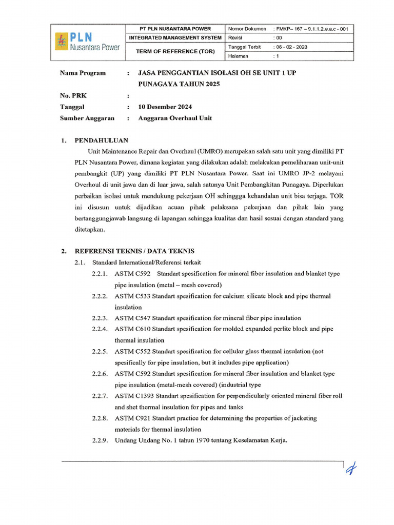 TOR JASA PENGGANTIAN ISOLASI OH SE UNIT 1 UP PUNAGAYA TAHUN 2025 (Rev) | PDF