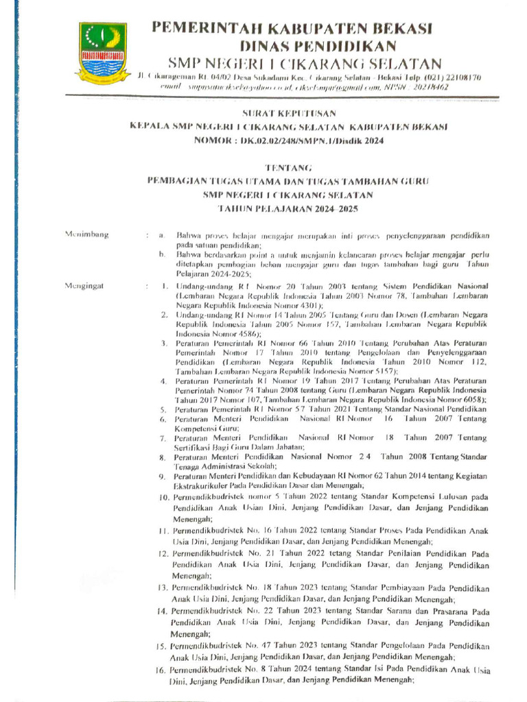 SK Tugas Mengajar Dan Tambahan 2024 2025 - Compressed | PDF