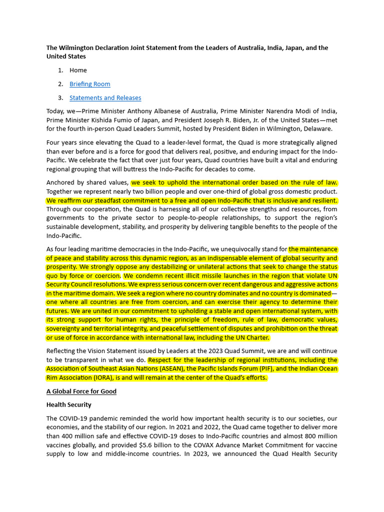 Wilmington Declaration: Quad Leaders Summit | PDF | Security | Computer ...