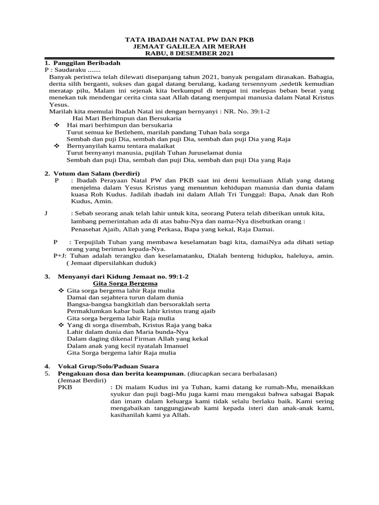 Tata Ibadah Natal PW Dan PKB 2021 | PDF