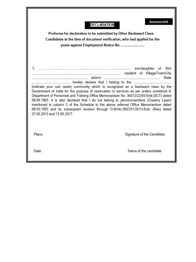 OBC Declaration Form for Document Verification | PDF