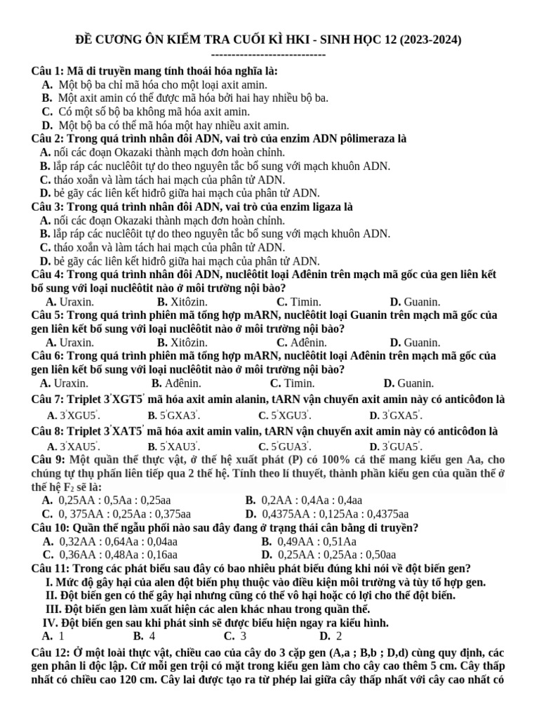 Đề cương ôn thi cuoi ki- HK1 - SINH 12 (23-24) | PDF