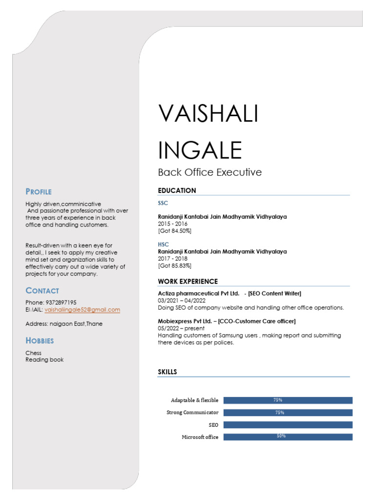 Vaishali Ingale: Back Office Executive | PDF