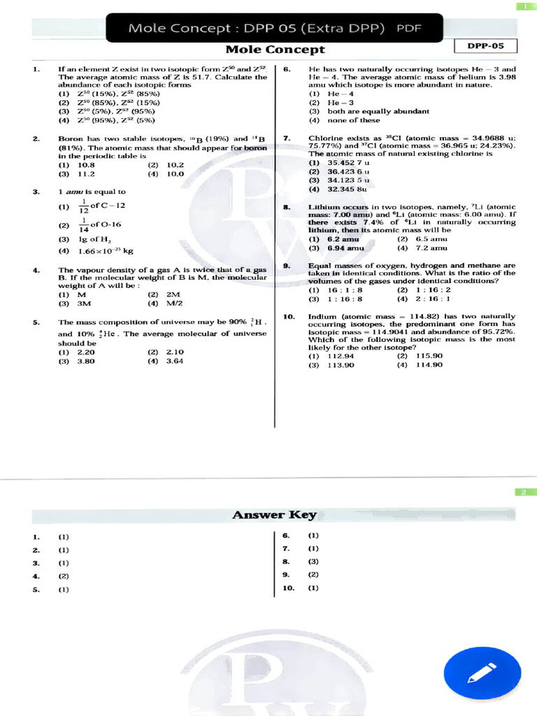 mole concept DPP | PDF | Mass Concentration (Chemistry) | Mole (Unit)