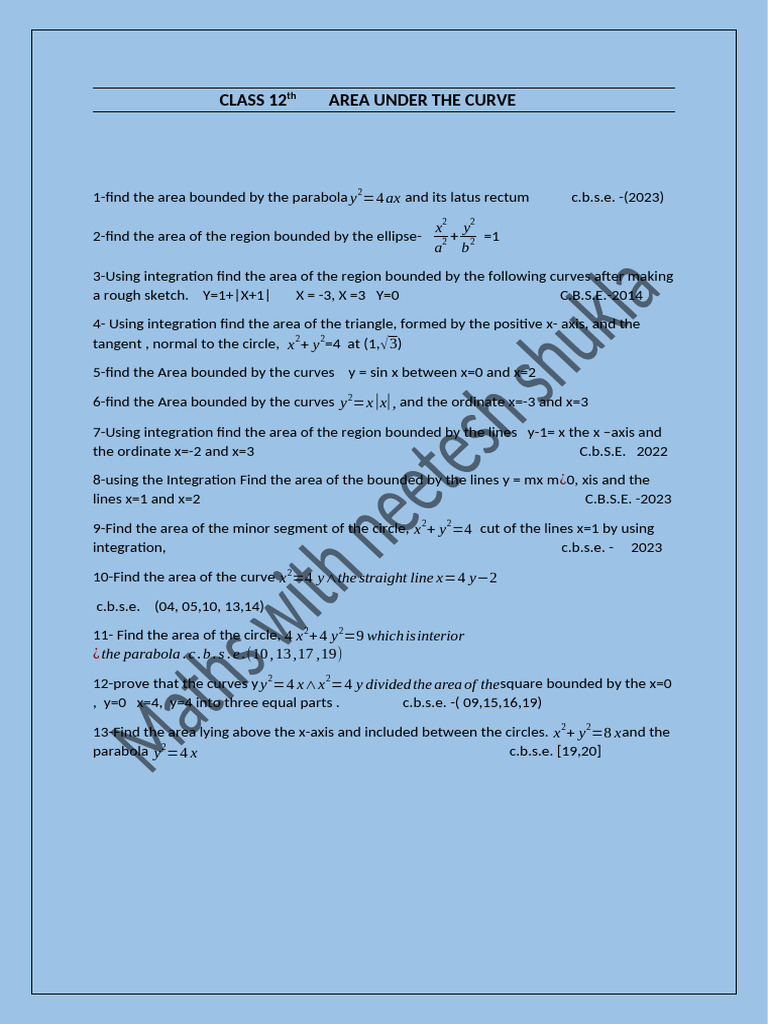 Area Under the Curves Class12th Assignment | PDF