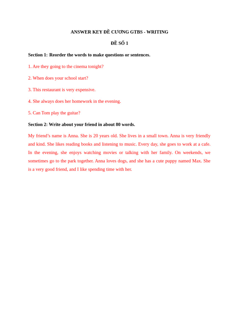 (Đề Cương GTBS) Answer Key Writing | PDF | English Language | Teachers
