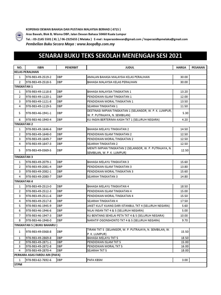 Senarai Buku Teks Men 2021 | PDF