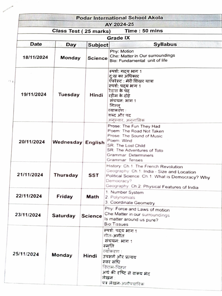Class Test Schedule Grade IX | PDF | Mathematics