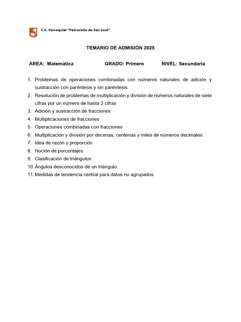 Temario de Admisión 1° Sec. 2025 | PDF | Relaciones sintácticas | Gramática