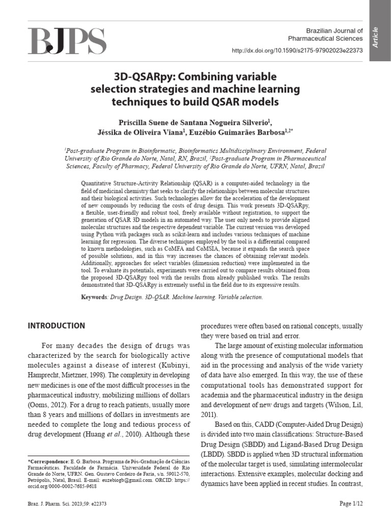 3D-QSARpy Combining variable selection strategies and machine learning ... 3D-QSARpy Combining variable selection strategies and machine learning ...