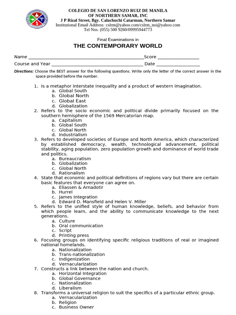 Contemporary World Final Exam Answers | PDF | Globalization | Knowledge