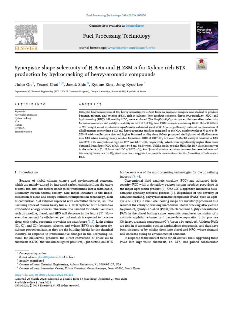 Synergistic shape selectivity of H-Beta and H-ZSM-5 for Xylene-rich BTX production by ...