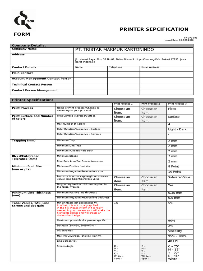 FR-OPS-089 Printer Specification Form - Tristar Makmur Kartonindo | PDF | Printing | Graphic Design