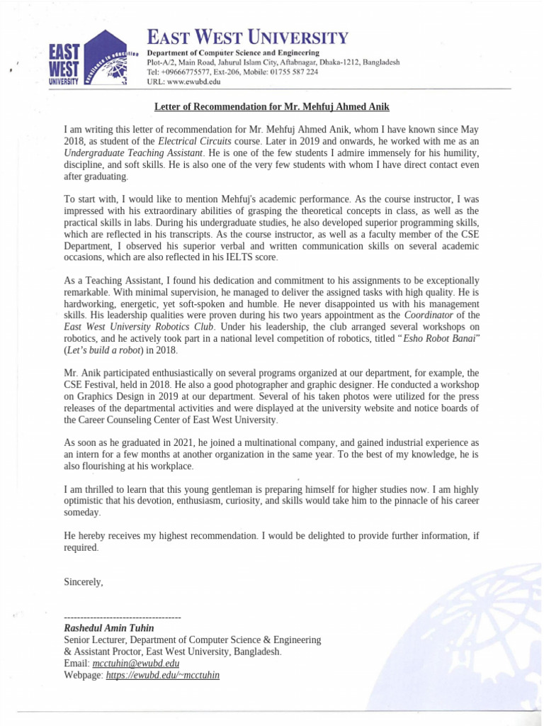Letter of Recommendation For Mr. Mehfuj Ahmed Anik | PDF