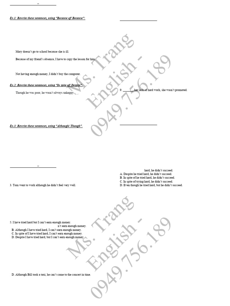 Sentence Rewriting Exercises: Because, Despite, Although | PDF