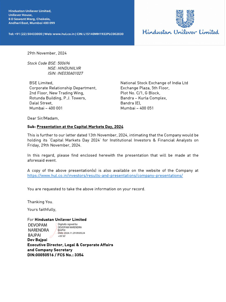 Stock Code BSE: 500696 Nse: Hindunilvr ISIN: INE030A01027: Sub ...