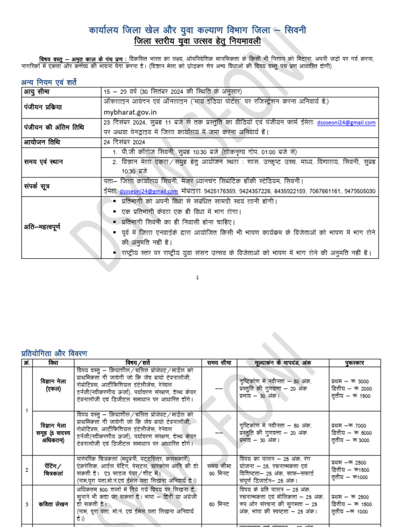 Youth Festival Guidelines DSYW Seoni 2024 | PDF