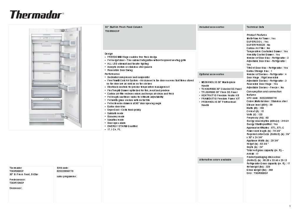 Thermador T30IR800SP Refrigeration Specifications | PDF