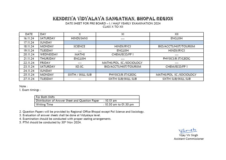 KV Bhopal Pre Board Exam Date Sheet 2024 | PDF