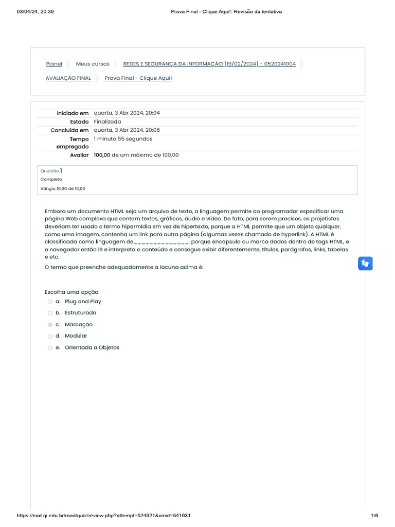 Prova Final - Clique Aqui! - Revisão Da Tentativa-5 | PDF | Rede de computadores | Html