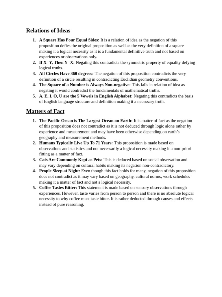 Understanding Relations of Ideas vs. Facts | PDF