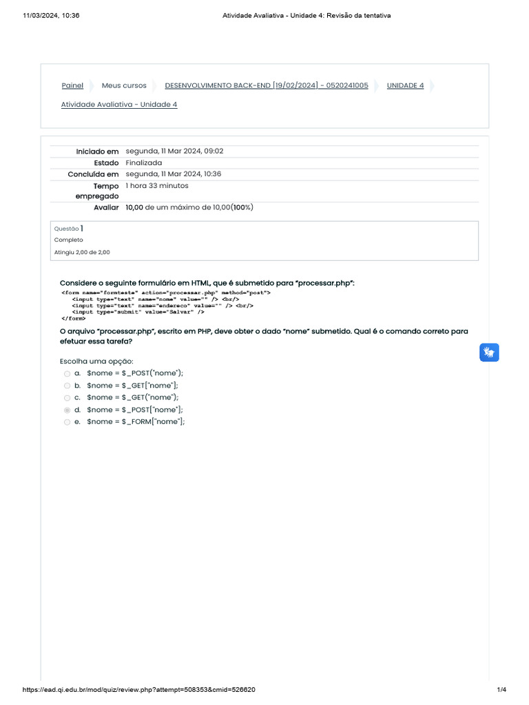 Atividade Avaliativa - Unidade 4_ Revisão da tentativa backend | PDF | Php | Informática