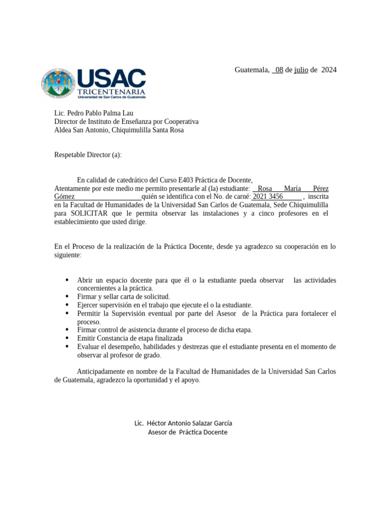 Carta de Solicitud Al Director - Donde El Estudiante Solo Observará A Cinco Profesores | PDF