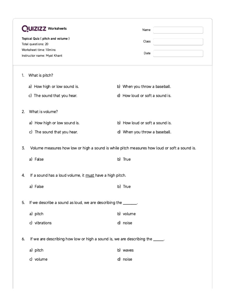 Pitch and Volume Quiz Worksheet | PDF | Sound | Audiology