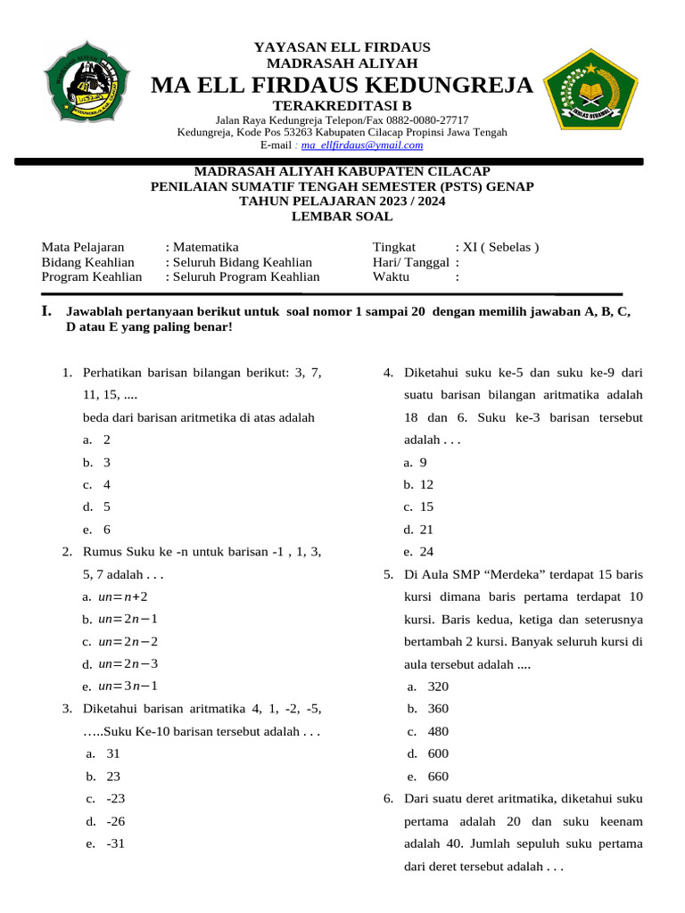 Soal PTS Genap MTK Kelas Xi | PDF