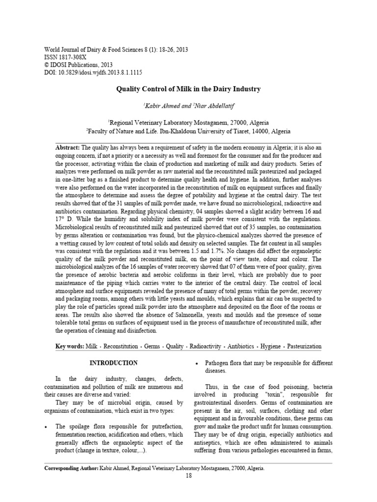 Ahmed Abdellatif 2014 Quality Control of Milk in the Dairy Industry ...