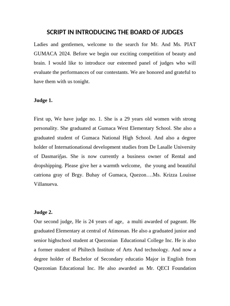 Script in Introducing The Board of Judges | PDF | Philippines