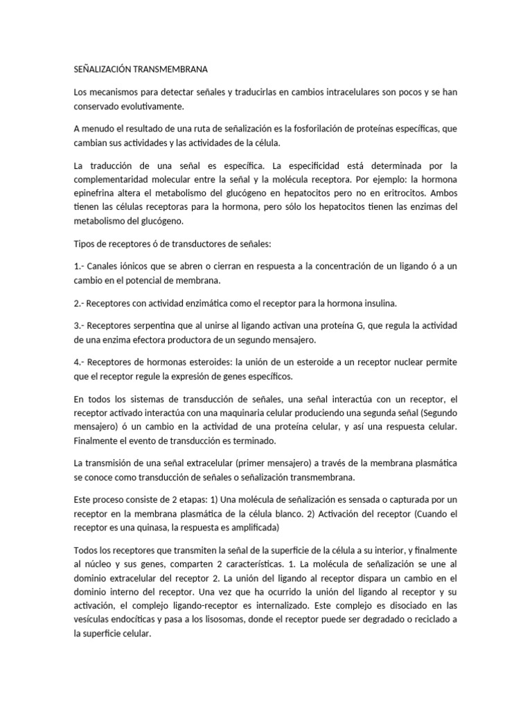 Resumen Señalizacion Transmembrana | PDF | Transducción de señales ...
