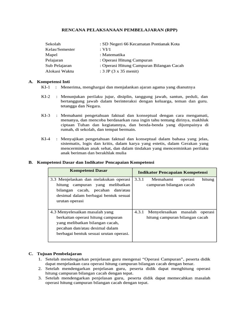 RPP MTK Kelas 6 SD | PDF