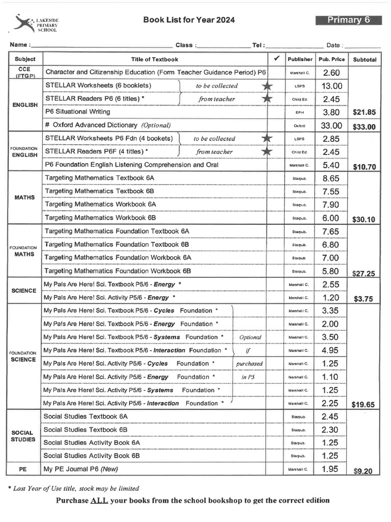 p6 2024 booklist | PDF