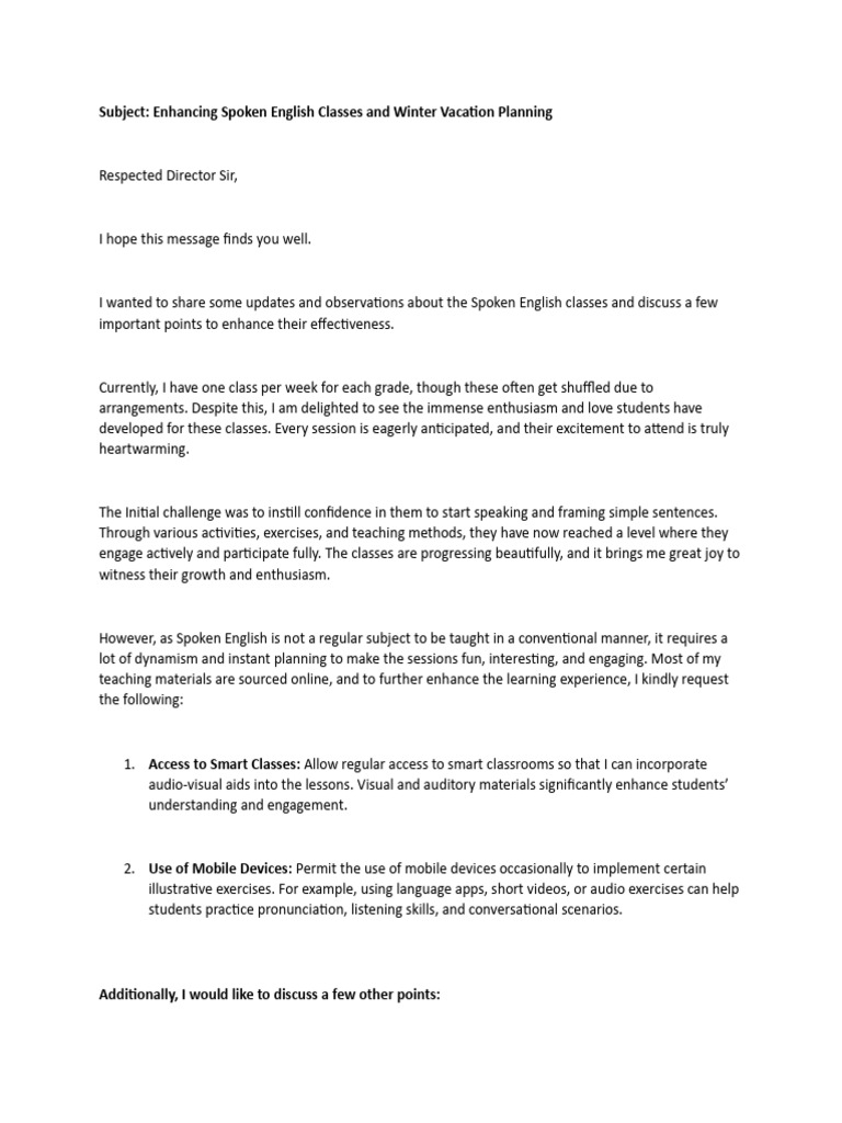 Enhancing Spoken English Classes and Winter Vacation Planning | PDF ...
